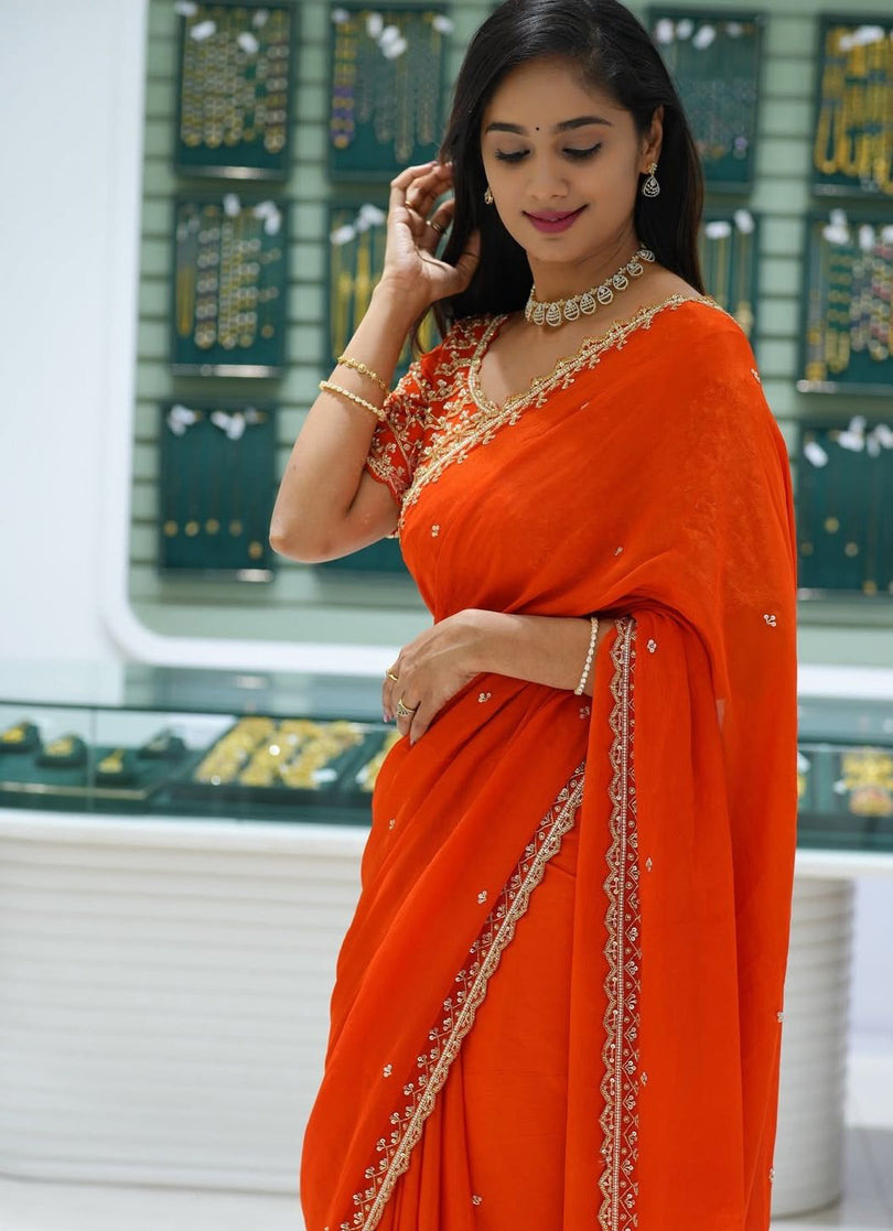 Pure Soft Georgette Saree With Premium Embroidery Work & Fancy Blo – Divisha Collections