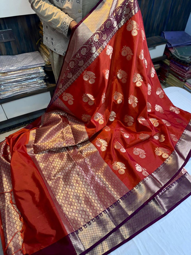 Vintage Rust Orange Banarasi Soft Silk Pattu Saree – Divisha Collections